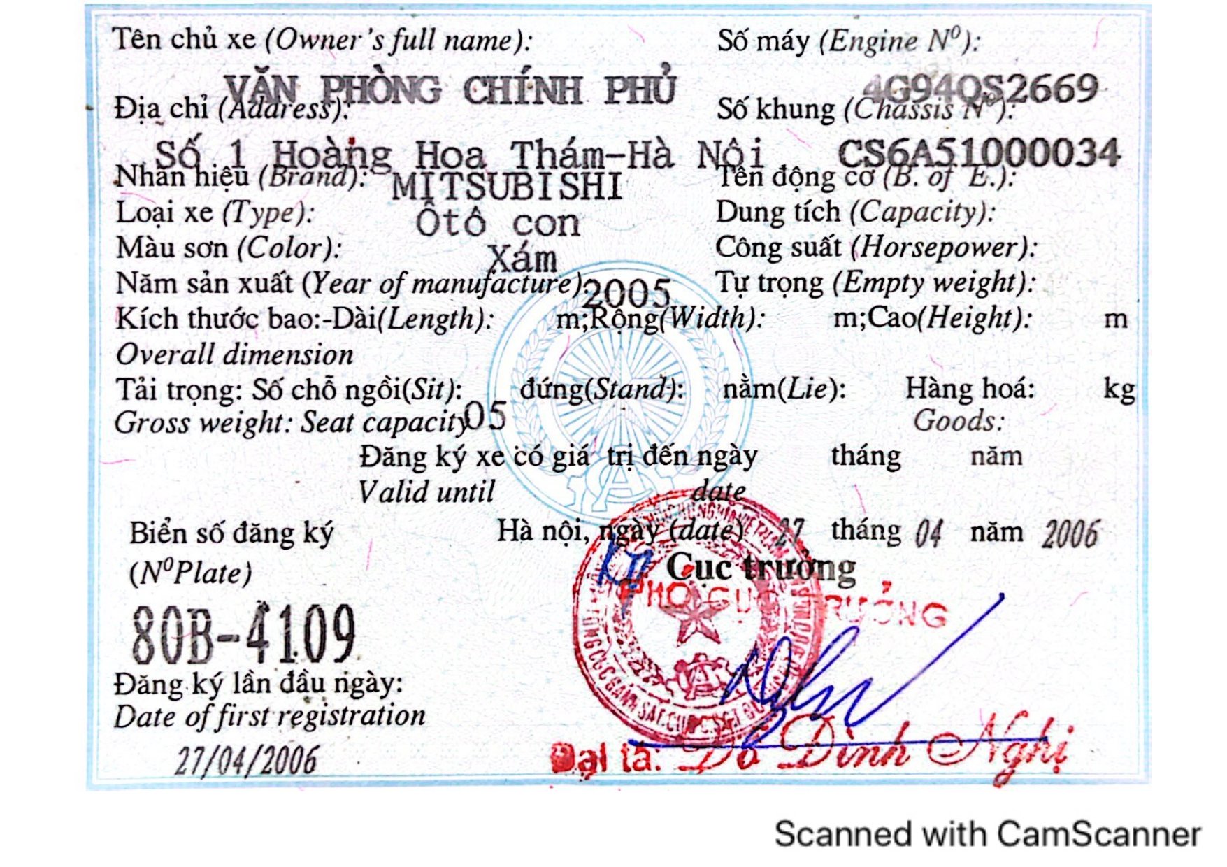 01 xe ô tô 5 chỗ hiệu Mitsubishi; BKS: 80B-4109, màu: Xám, số loại: Lancer CS6ASRJELVT theo GCN ...